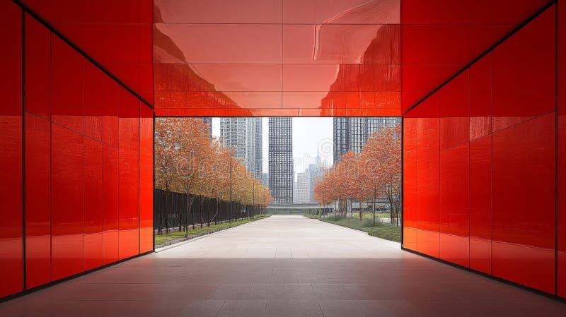 Red Corridor Framing Urban Skyline View Stock Illustration ...
