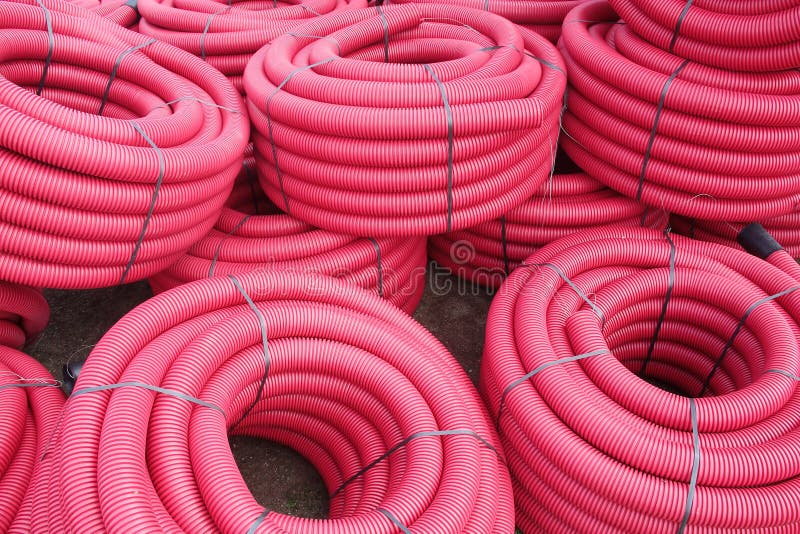 Red Corrugated Plastic Pipes Used for Underground Electrical Lines ...