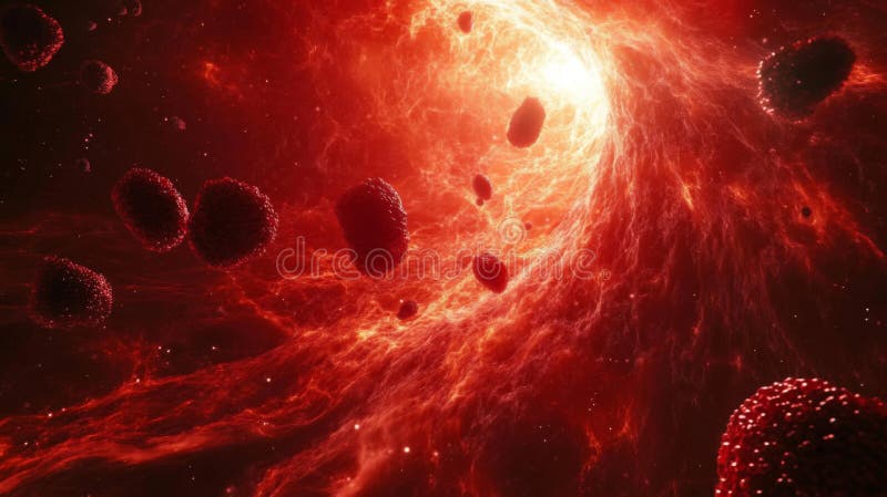 Red Cosmic Nebula with Floating Celestial Bodies Stock Illustration ...