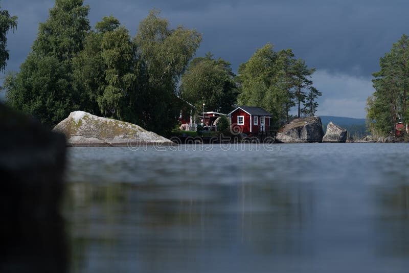 Red Cottage in Summer by the Lake in Sweden Stock Photo - Image of ...