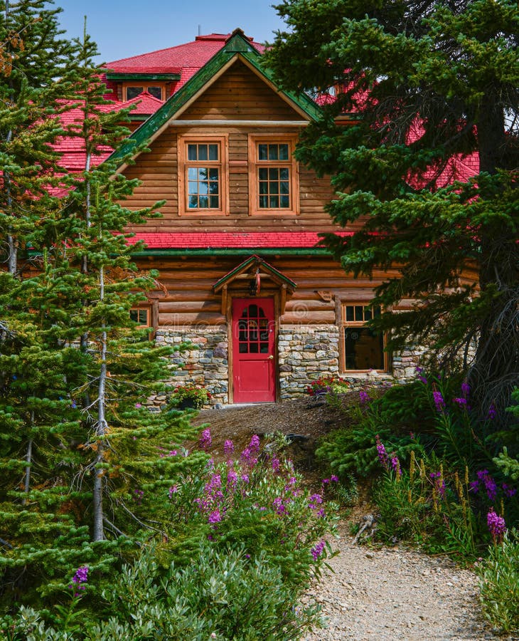Red Cottage Wilderness Bow Lake Stock Photo - Image of alberta, lake ...