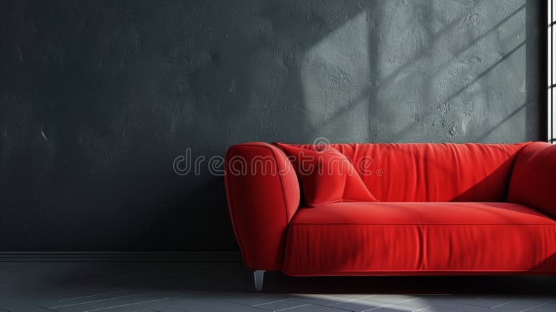 Red Couch Against Dark Wall in Modern Interior Stock Photo - Image of ...