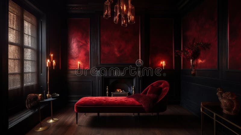 A Red Couch in a Dark Room with a Fire Place Stock Illustration ...