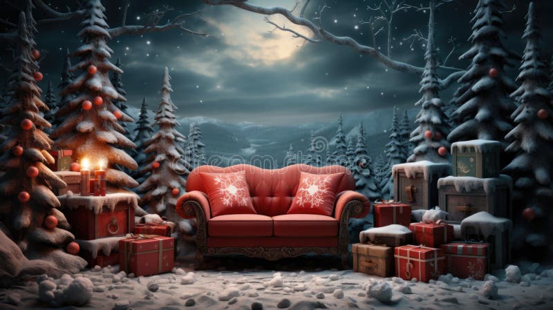 A Red Couch Sits in Front of a Christmas Tree and Presents, AI Stock ...