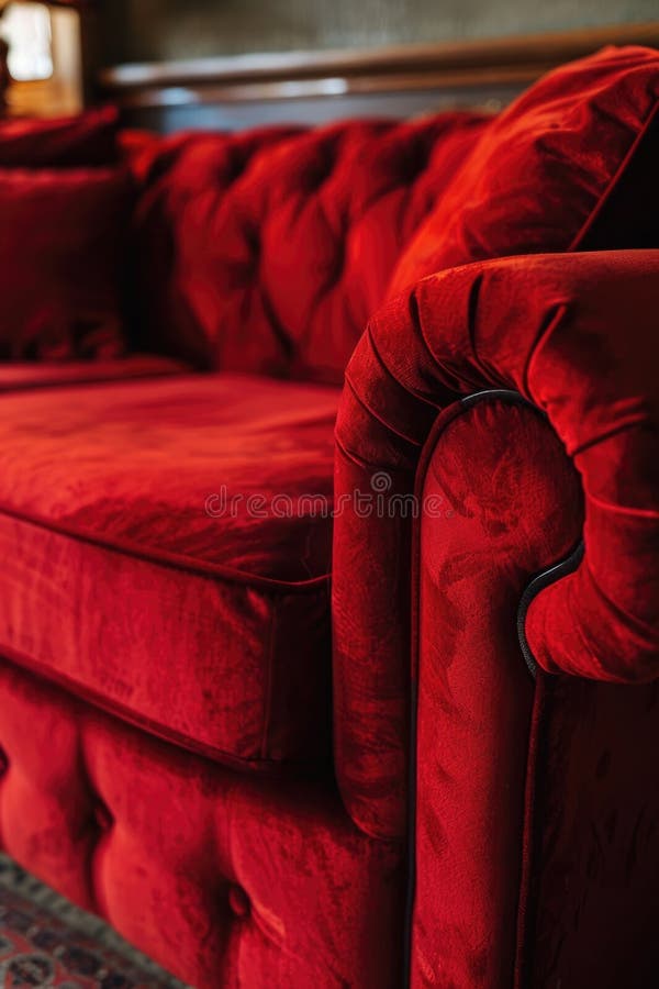 A Red Couch Sitting on a Rug in a Living Room Setting Stock Image ...