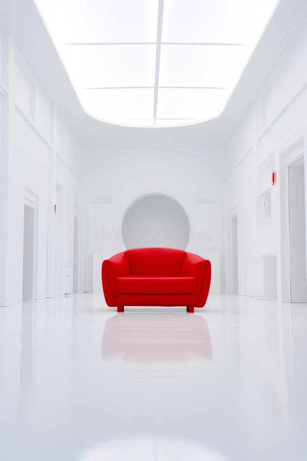 Red Couch Sitting in White Room with Skylight. Generative AI Stock ...