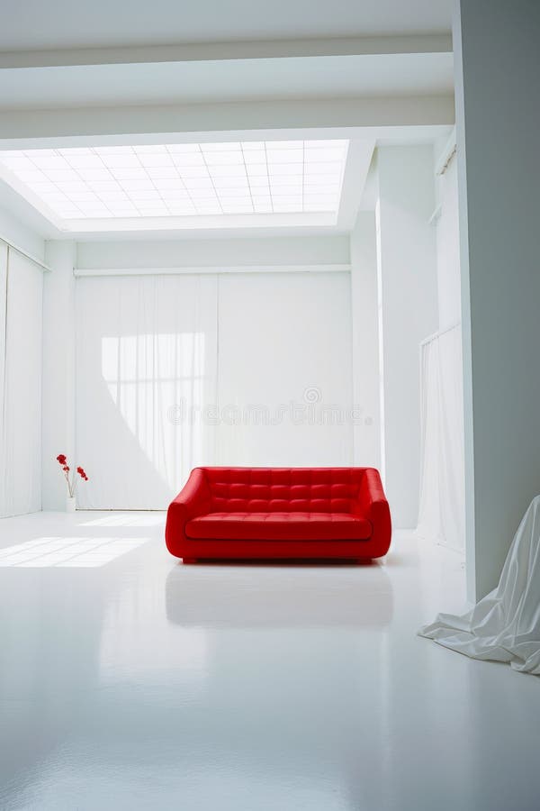 Red Couch in White Room with Vase of Flowers. Generative AI Stock ...