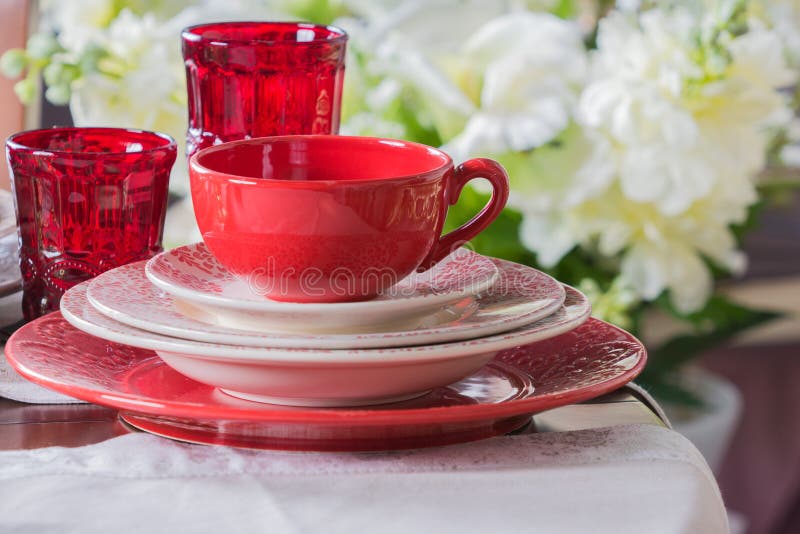 Red Country Styled Plates, Cup and Wineglasses 3 Stock Photo - Image of ...