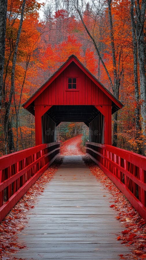 Red Covered Bridge in Autumn Landscape Photo Stock Illustration ...