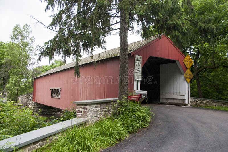 Red Covered Bridge stock image. Image of covered, brick - 80982423