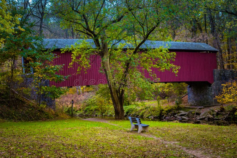 Red Covered Bridge in Lancaster County Stock Photo - Image of autumn ...