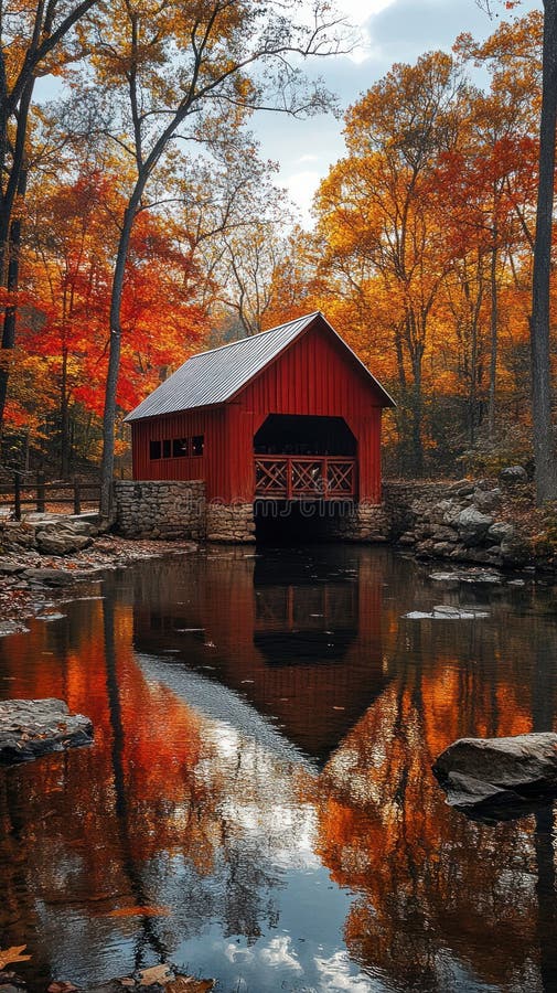 Red Covered Bridge Reflecting in Autumn Colors - Photography Stock ...