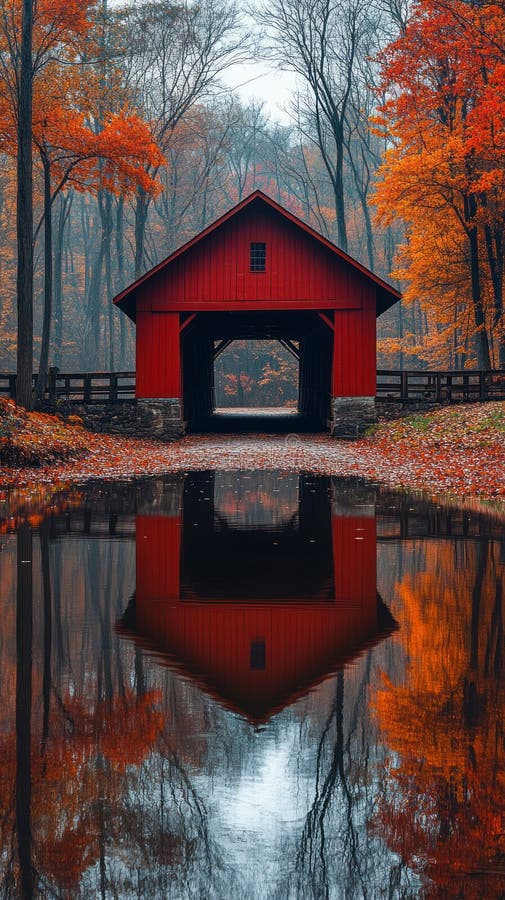 Red Covered Bridge Reflection in Autumn Forest - Photo Stock ...
