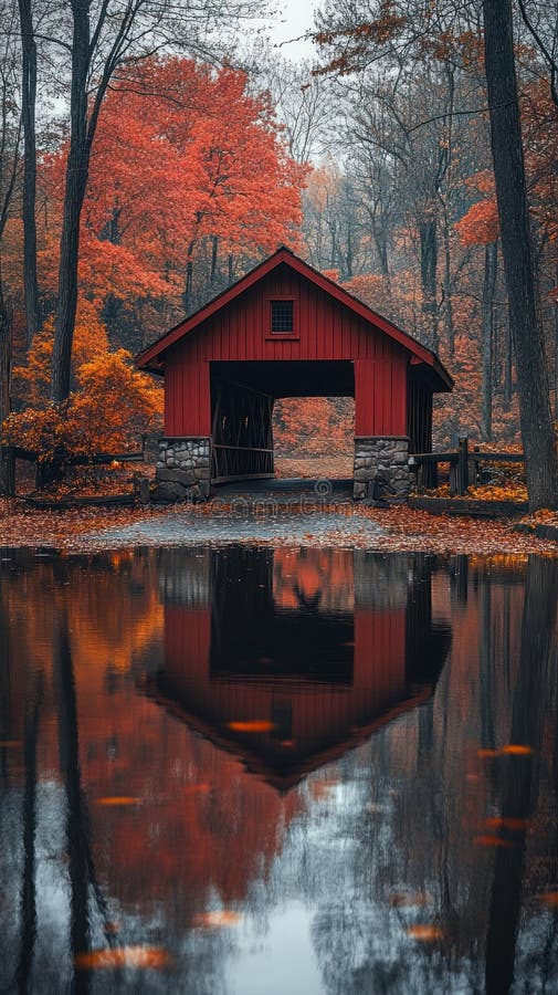 Red Covered Bridge Reflection in Autumn Forest - Realistic Photo Stock ...