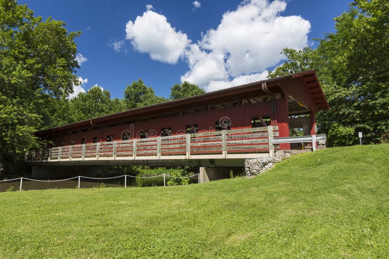 Red Covered Bridge stock photo. Image of outdoors, water - 42633794