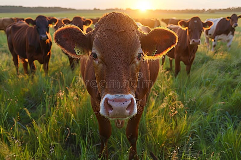 Red Cow is Standing in a Field with Other Cows Stock Illustration ...