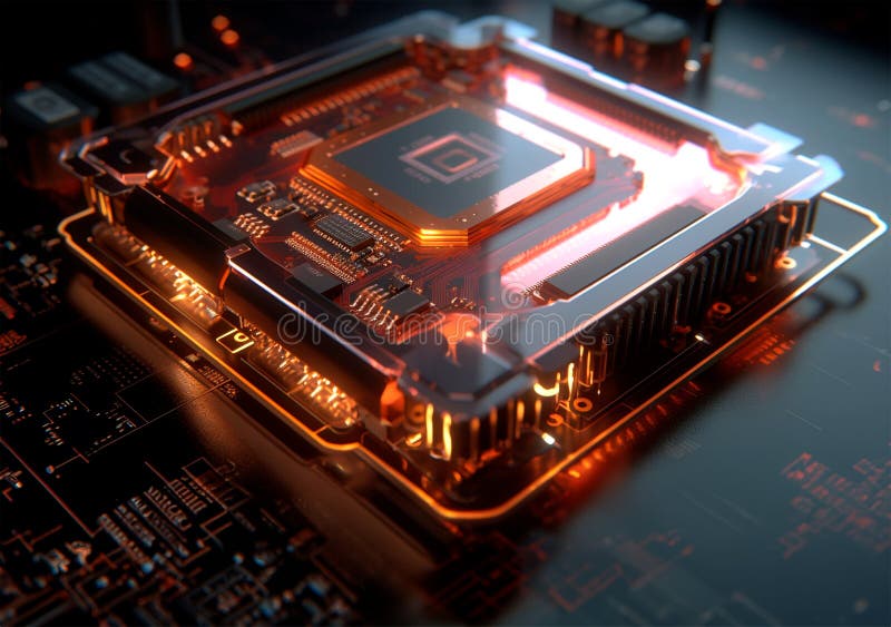 Red CPU on a black chip stock illustration. Illustration of tech ...