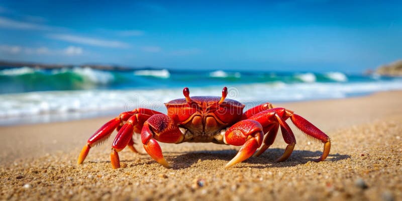 Red Crab on Sandy Beach with Blue Ocean Background, Ocean, Crab, Beach ...
