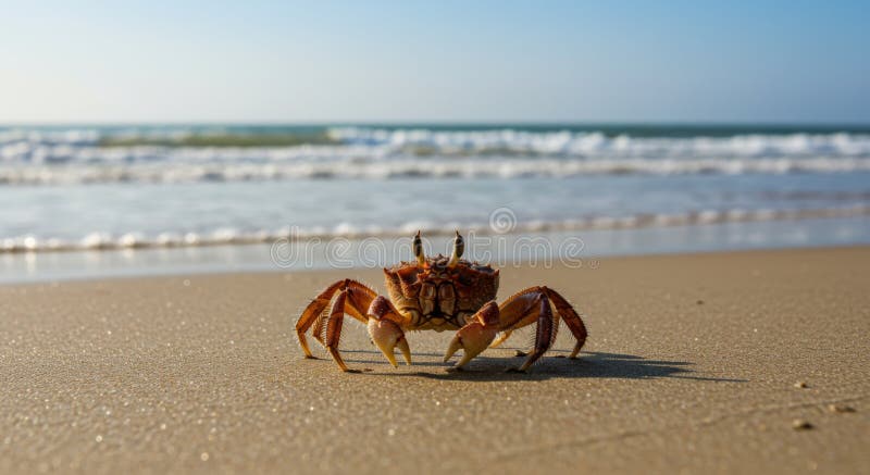 Red Crab on Sandy Beach Near Ocean Waves Stock Illustration ...