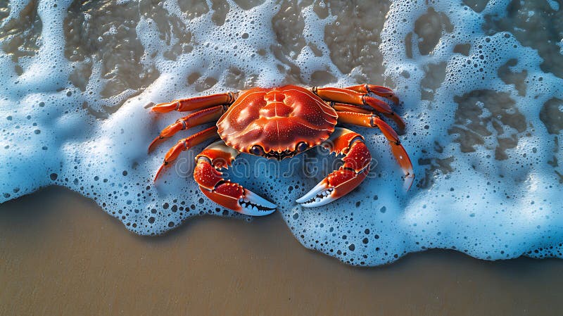 Red Crab on Sandy Beach with Ocean Wave Foam Stock Illustration ...