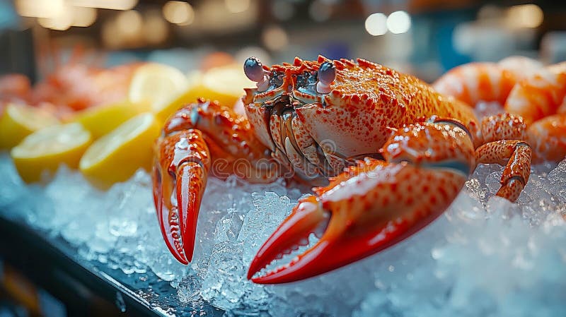 A Red Crab with Sharp Claws Displayed on Ice, Surrounded by Lemon ...
