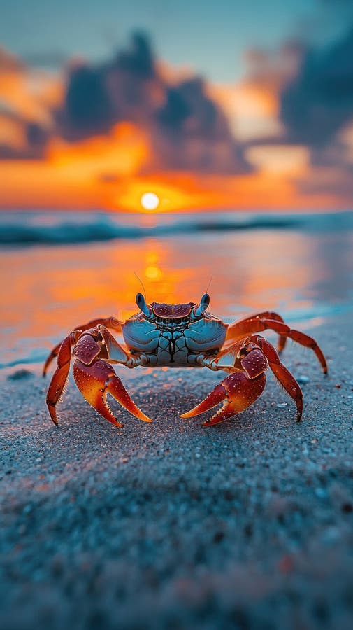 Red Crab Walking on the Beach at Sunset Stock Illustration ...