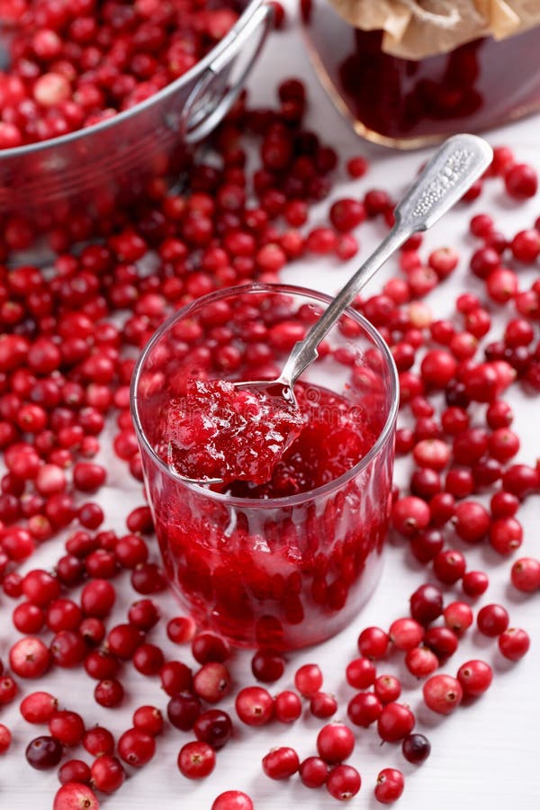 Red Cranberry Jam in Glass on White Table Stock Image - Image of ...