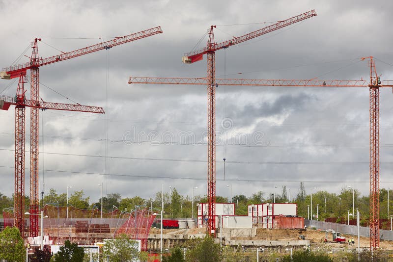 Red Cranes. Building Under Construction. Cranes Construction Machinery ...