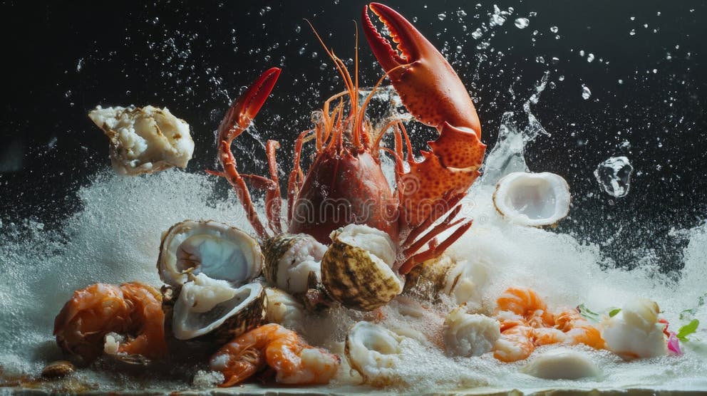 Red Crayfish and Assorted Seafood Splashing in Dark Setting Stock ...