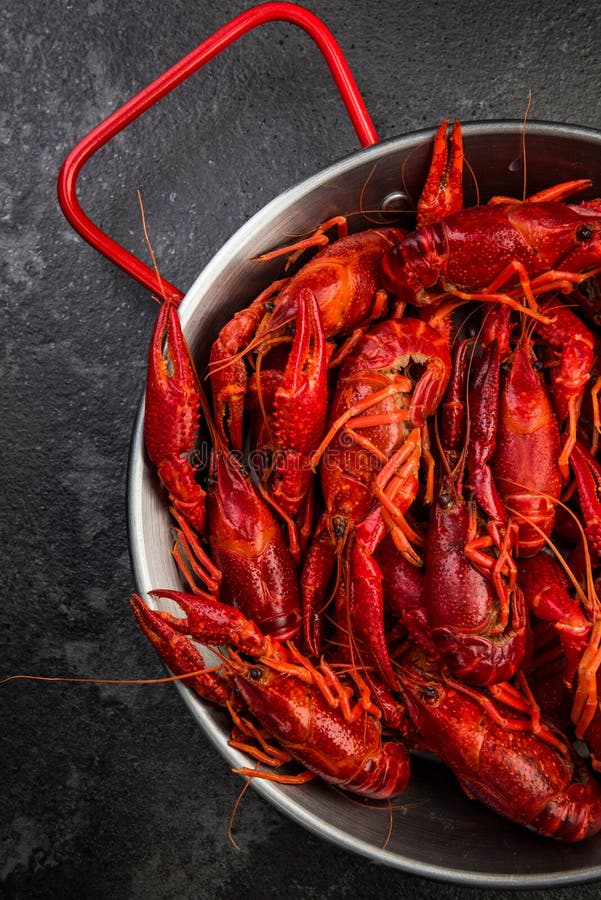 Red Crayfish in MEtal Saucepan, Top View on Dark Background Stock Photo ...