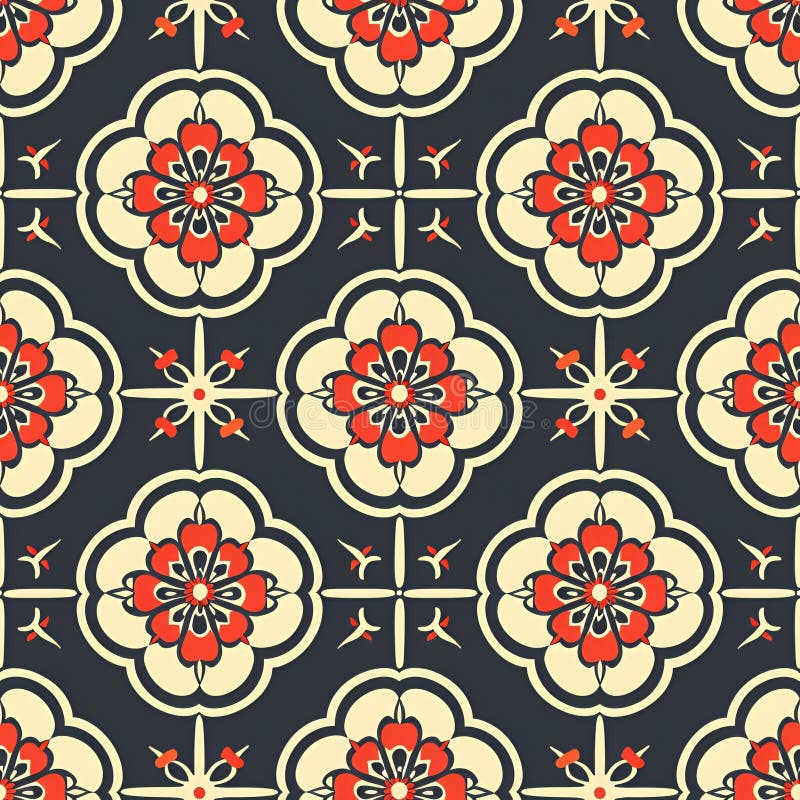 Red and Cream Floral Pattern on a Dark Background Stock Illustration ...