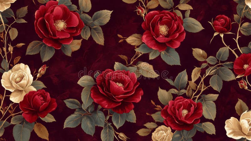 Red and Cream Roses Floral Pattern Design Stock Illustration ...