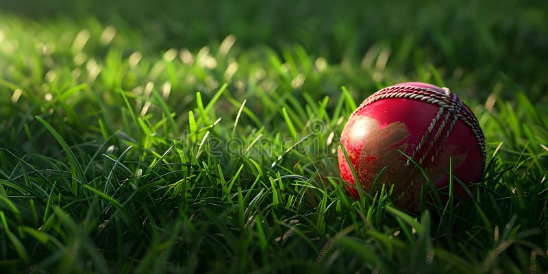 Red Cricket Ball Closeup on Green Grass Background, Green Grass ...