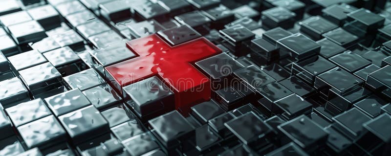 Red Cross on Black Geometric Blocks, 3d Render. Medical and Technology ...