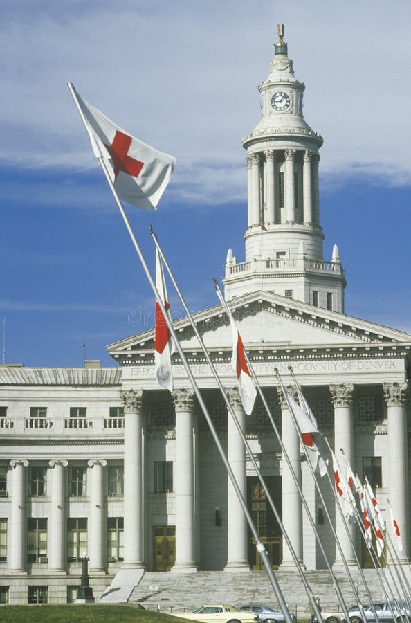 Red Cross Flags Flying at County Building, Denver, Colorado Editorial ...