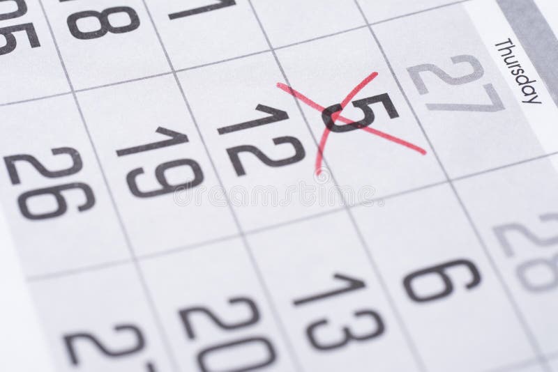 Red Cross Marked on Calendar Sheet. Mark on the Calendar at 5. Date of ...