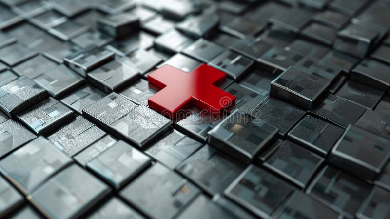 Red Cross on Metallic Black Cubes, Abstract and Futuristic Concept ...