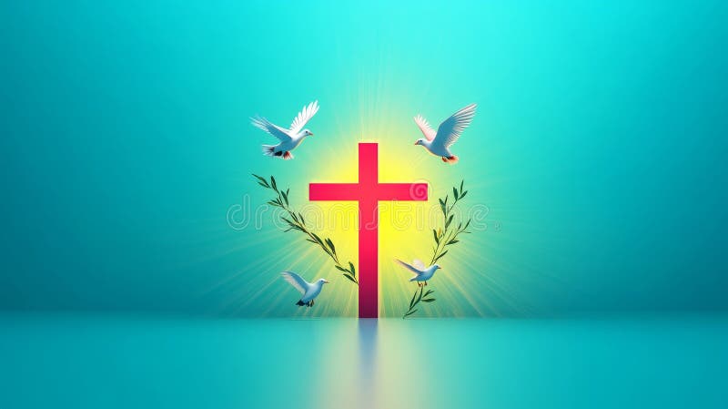 Peaceful Dove Cross a Red Cross with Olive Branches and White Doves ...