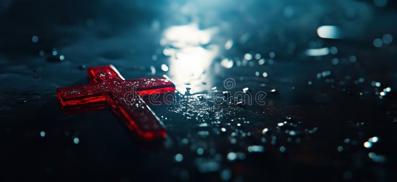 Red Cross Symbol on Wet Surface with Dramatic Lighting and Reflections ...