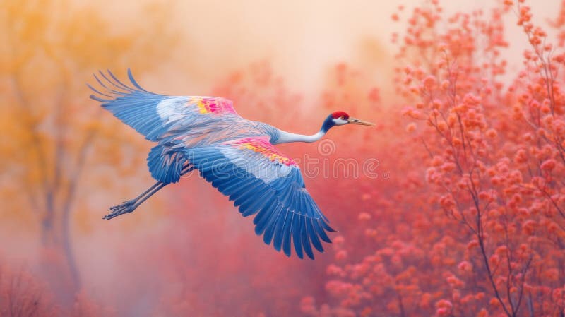 Red-crowned Crane in Flight Amidst Autumnal Bushes Stock Illustration ...