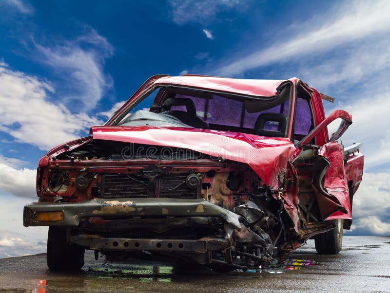 Wrecked red car accident. stock photo. Image of collision - 73177238