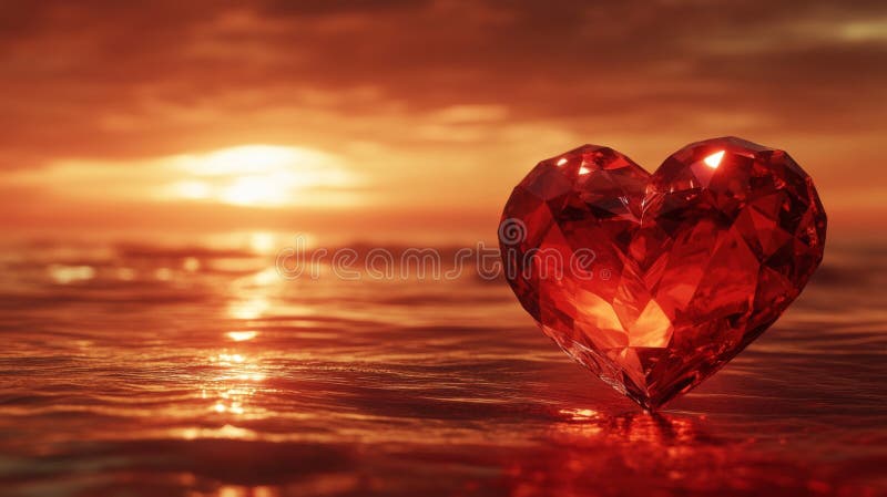 Red Crystal Heart Sunset Ocean Scene Stock Illustration - Illustration ...