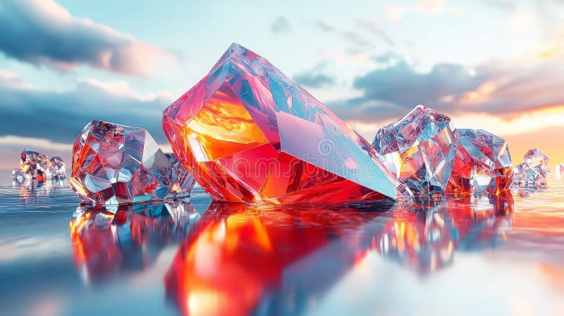 Red Crystal Sunset Reflection Ice Stock Photo - Image of fantasy, scene ...