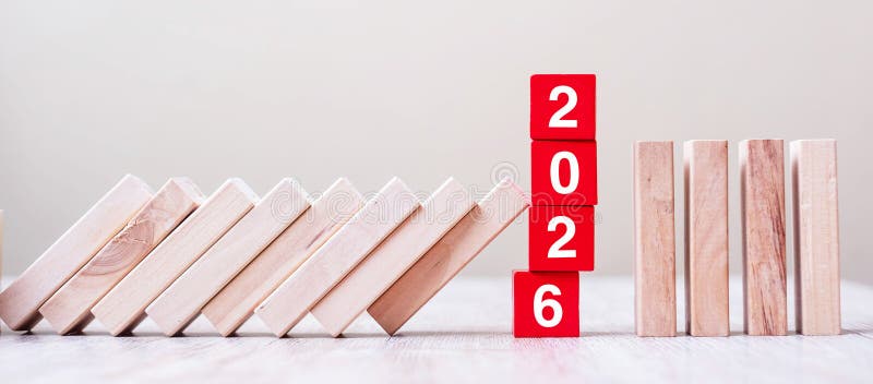 Red 2026 Cube Blocks Stop Falling Blocks on Table. Business, Risk Management, Insurance ...