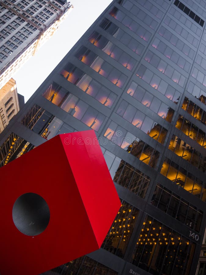 Red Cube Die in Front of Black Facade Manhattan Downtown Skyscraper ...