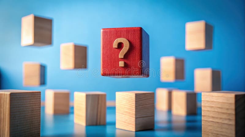 A Red Cube with a Question Mark Hovers Above Wooden Blocks, Symbolizing ...