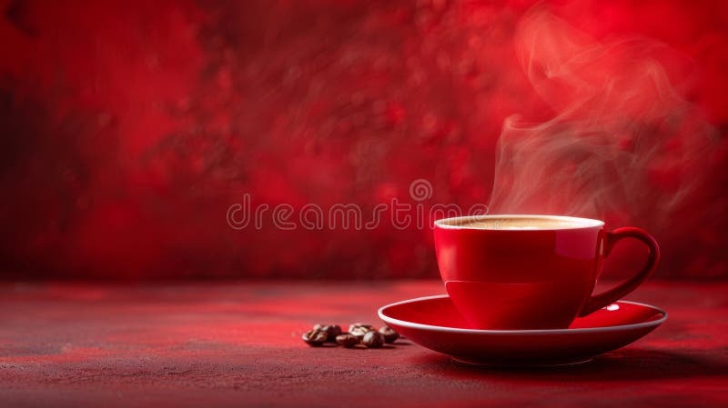 A Red Cup of Coffee with Steam Coming Out on a Table, AI Stock ...
