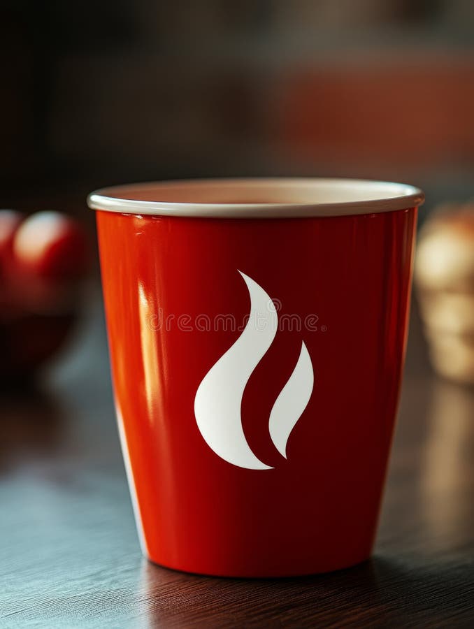 Red Cup with Flame Logo on a Wooden Table. Stock Photo - Image of ...