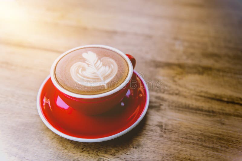 Red Cup of Hot Latte Coffee with Latte Art Stock Image - Image of ...