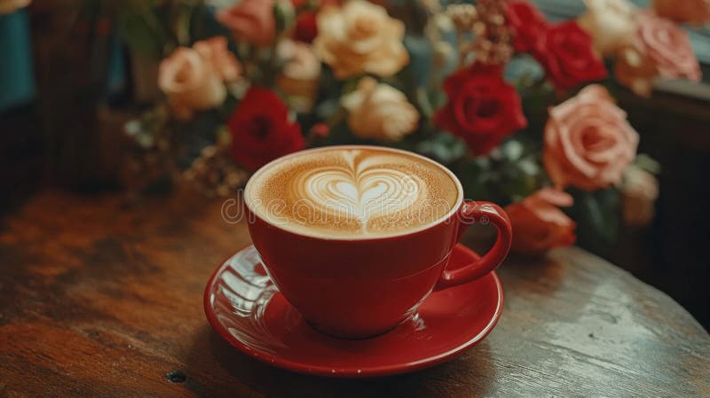 Red Cup of Latte Art Coffee with Roses Stock Illustration ...